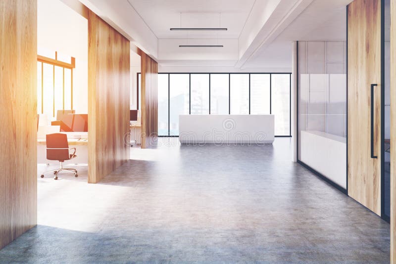 Wooden Open Office and Reception, Front, Toned Stock Illustration ...