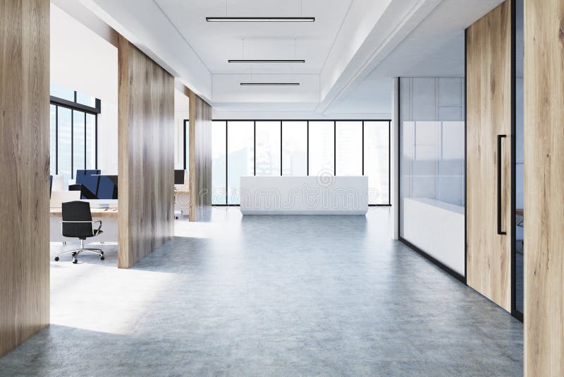 Wooden Open Office and Reception, Front Stock Illustration ...