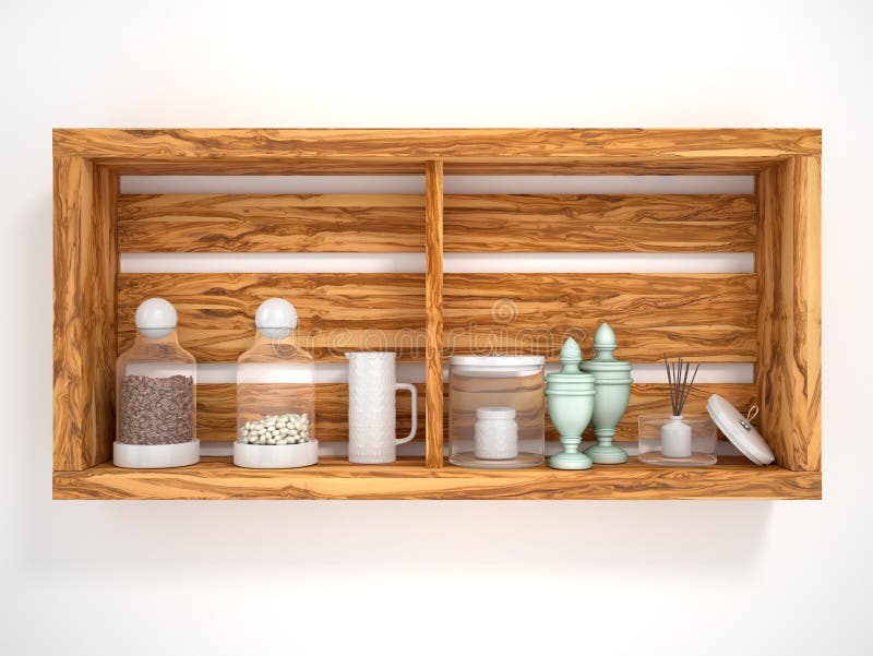 Wooden Open Shelves with Decorative Objects. Stock Illustration ...