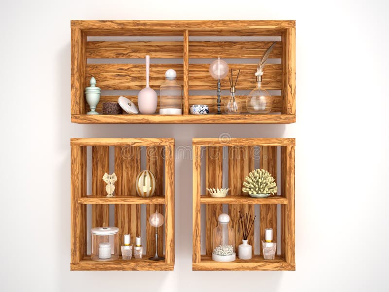 Wooden Open Shelves with Decorative Objects. Stock Image - Image of ...