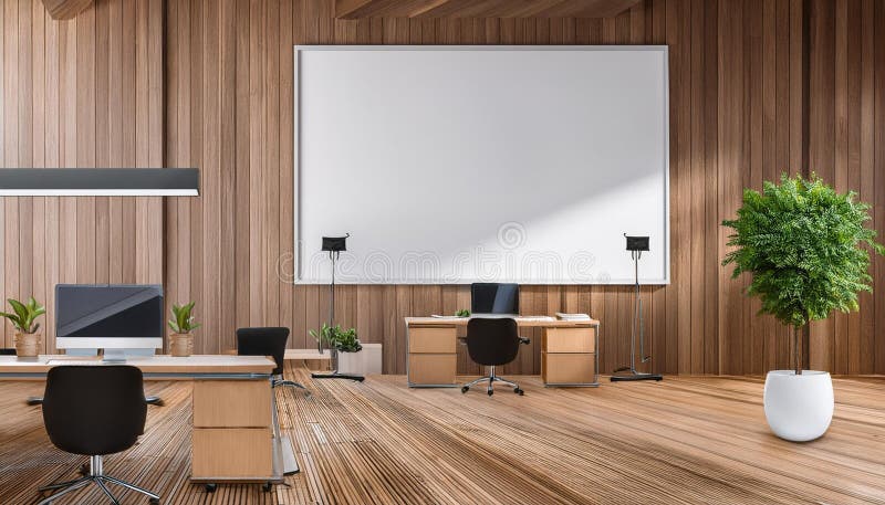 Wooden Open Space Office Interior with Blank Wall Stock Illustration ...