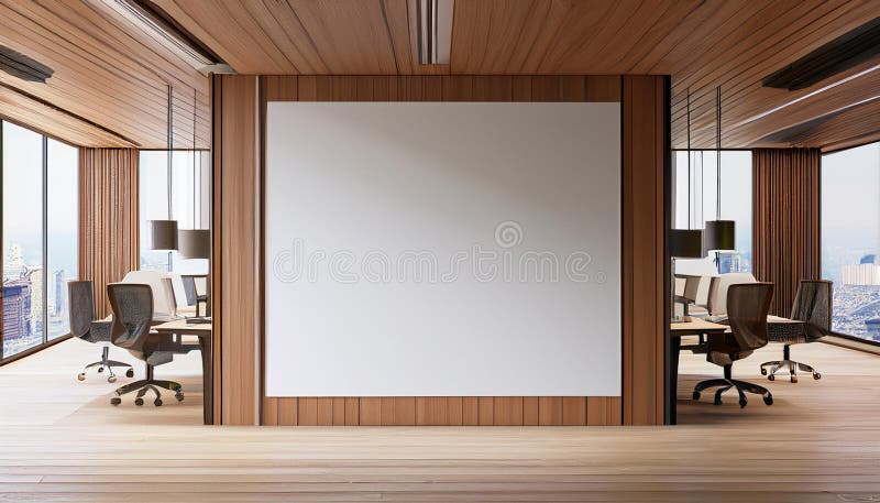 Wooden Open Space Office Interior with Blank White Wall Stock ...