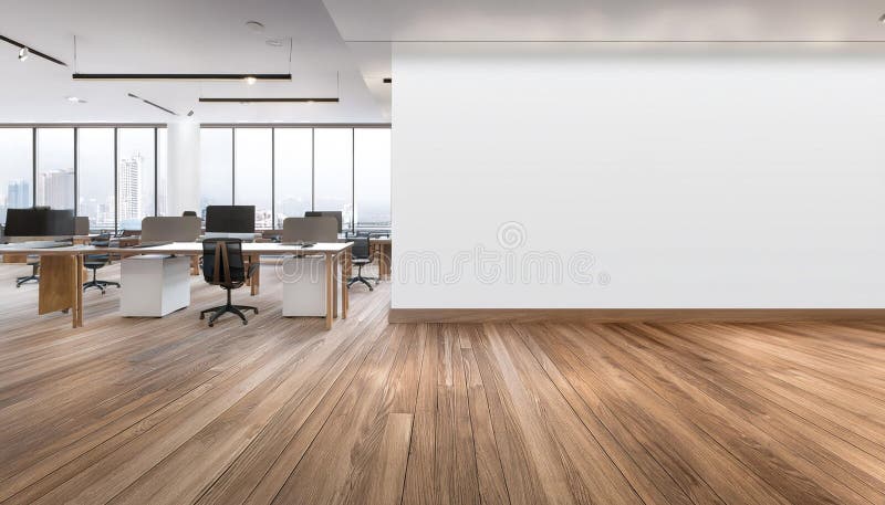 Wooden Open Space Office Interior with Blank White Wall Stock ...