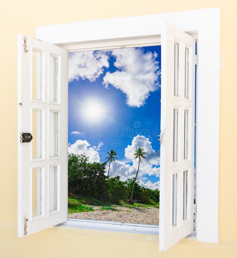 Wooden Open Window Overlooking the Tropics Stock Photo - Image of blue ...
