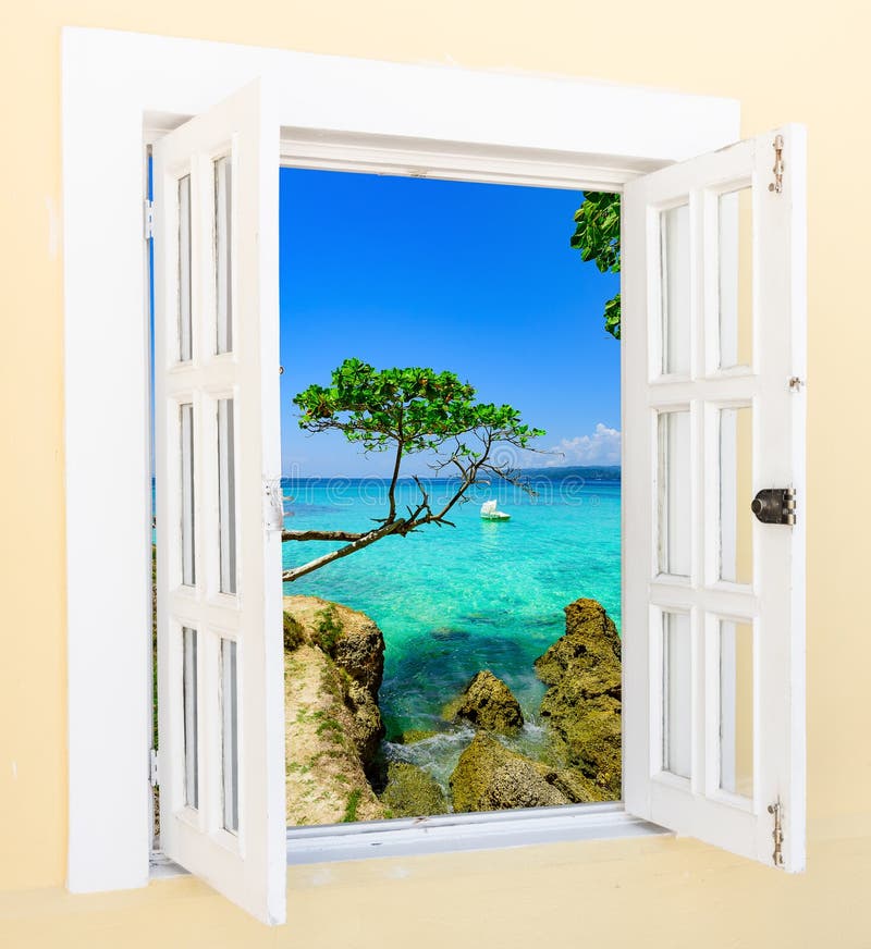 Wooden Open Window Overlooking the Tropics Stock Photo - Image of ...