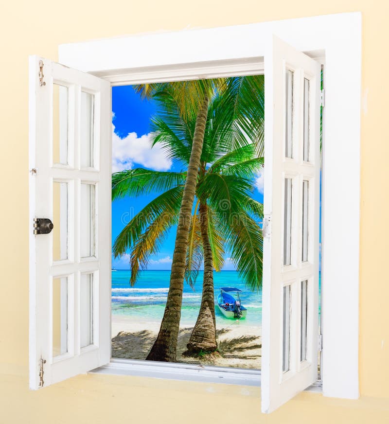Wooden Open Window Overlooking the Tropics Stock Photo - Image of ...