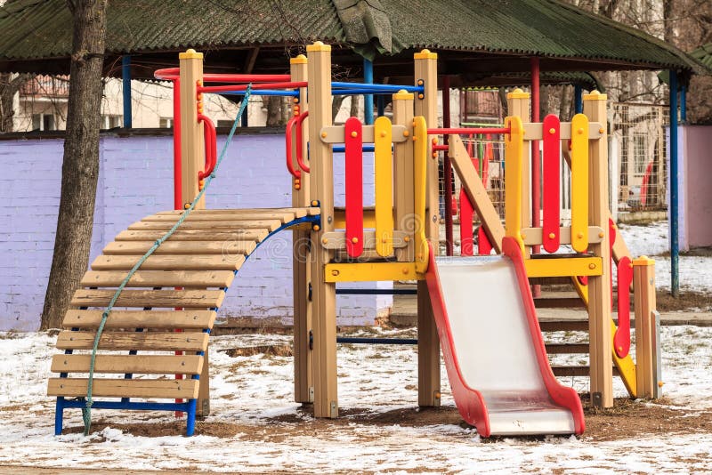 Wooden Outdoor Playground in Winter Stock Image - Image of childrens ...