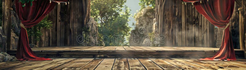 Wooden Outdoor Stage with Red Curtains Surrounded by Greenery, Creating ...