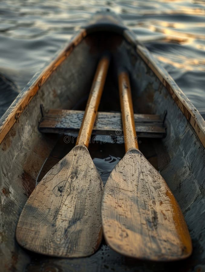 Wooden Paddles Inside a Canoe on Calm Water at Sunset. Stock Photo ...