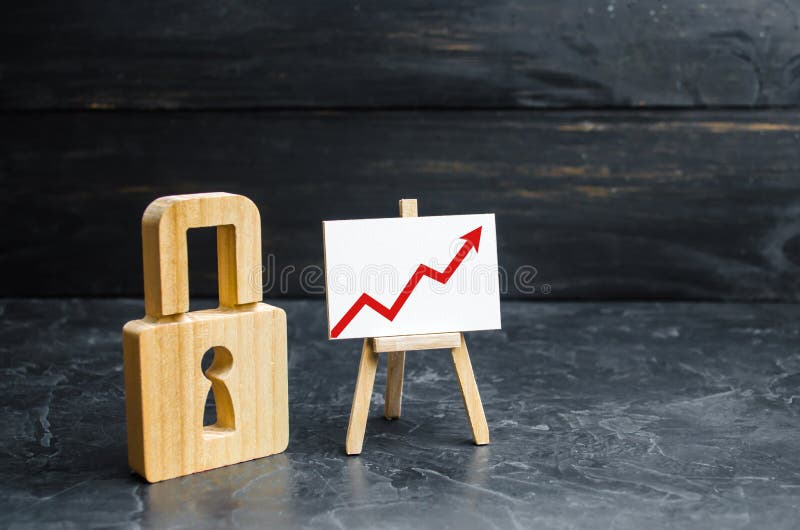 Wooden Padlock and Stand with a Red Arrow Pointing Up. the Concept of ...