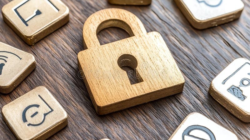 Wooden Padlock on a Table with Icons Stock Illustration - Illustration ...