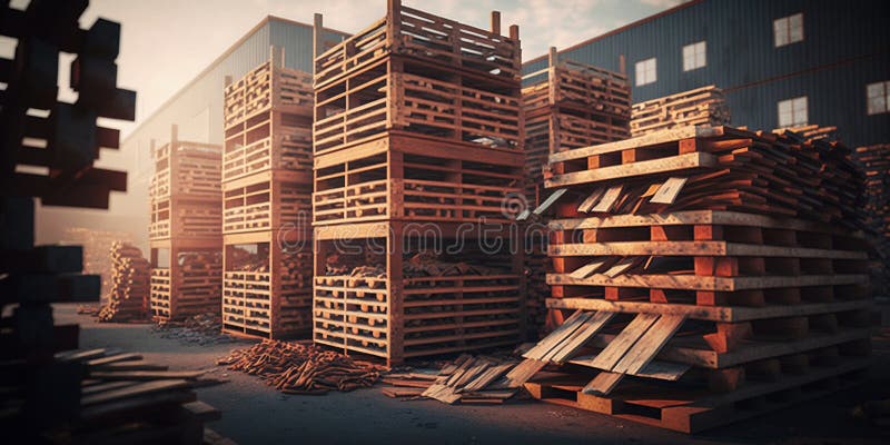 Wooden Pallets in a Pile, Industrial Area. Generated by AI Stock Image ...