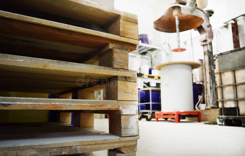 Wooden Pallets Stacked in a Production Area. Workshop for the ...