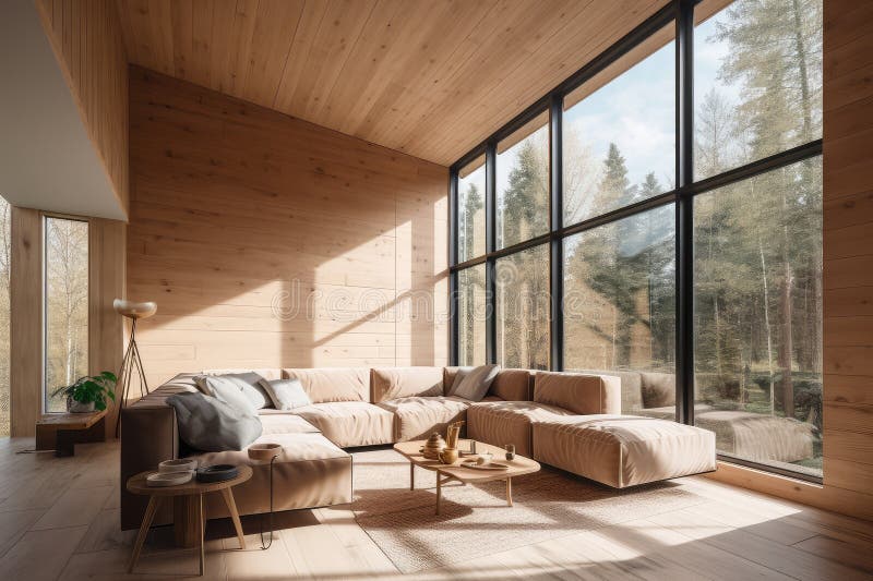 Wooden Paneled Wall with Large Windows and Natural Light Stock ...