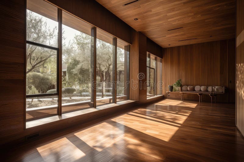 Wooden Paneled Wall with Large Windows and Natural Light Stock ...