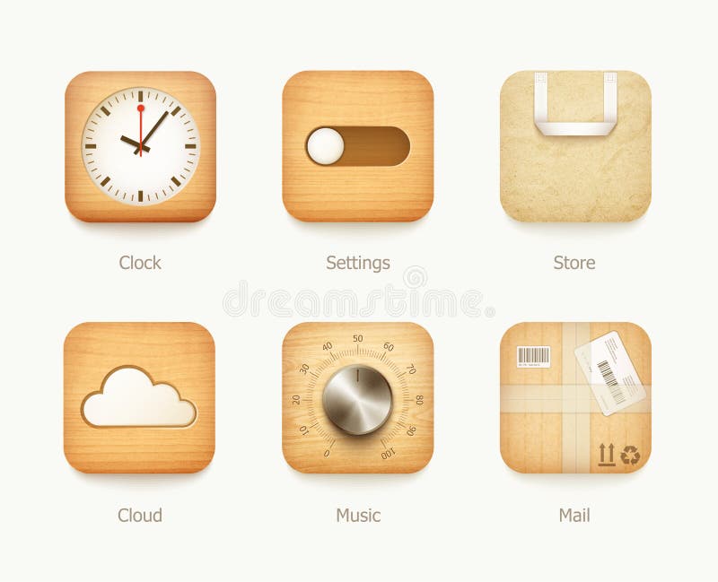 Wooden and Paper Icons App Set Stock Vector - Illustration of mobile ...