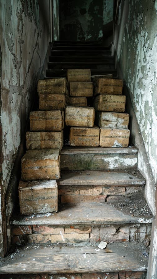 Stacked Wooden Parcel Boxes on Worn Stairs in a Dilapidated Building at ...