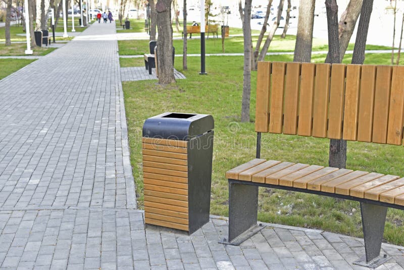 Wooden Park Bench in City Park in Summer Stock Image - Image of park ...