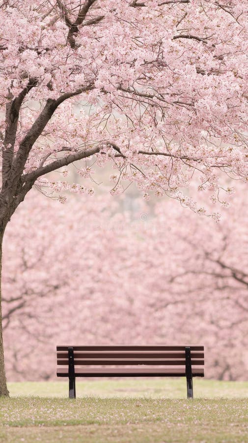 Wooden Park Bench Under Blooming Cherry Blossom Trees in Springtime ...