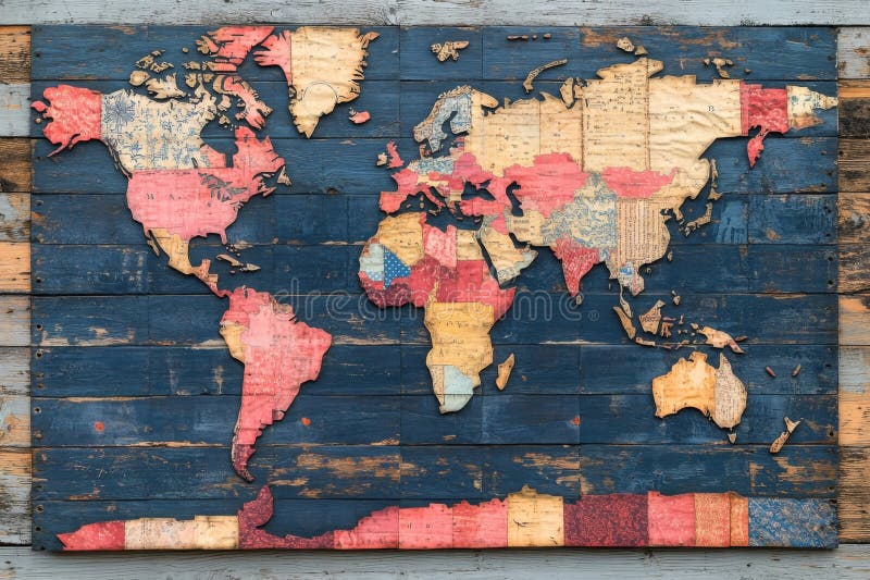 Wooden Patchwork World Map Showcasing Vibrant Colors and Textures on a ...