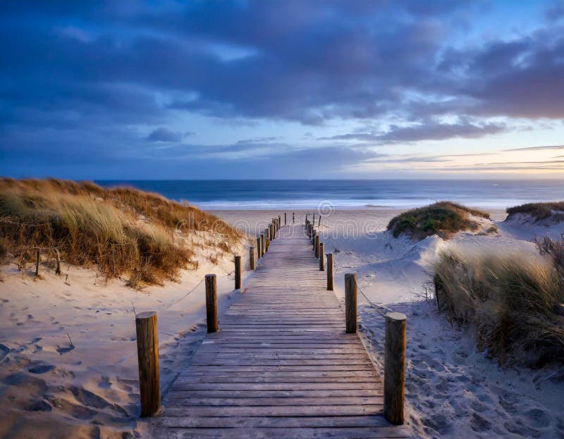 Wooden Path Access in Sand Dune Beach in Ocean Stock Illustration ...