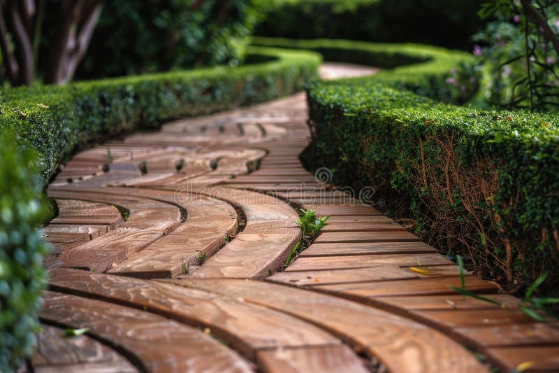 A Wooden Path Curves through a Lush Green Landscape, Creating a Unique ...