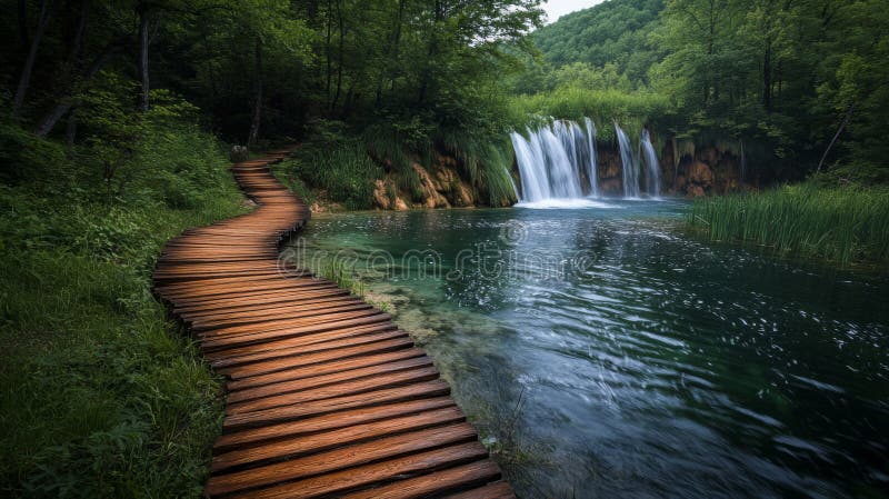 Wooden Path Leading To a Waterfall in a Lush Forest Stock Illustration ...