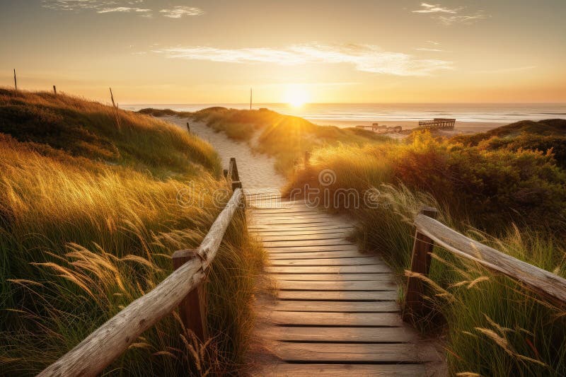 A Wooden Path To the Ocean Beach Past Tall Grass during Sunset Created ...