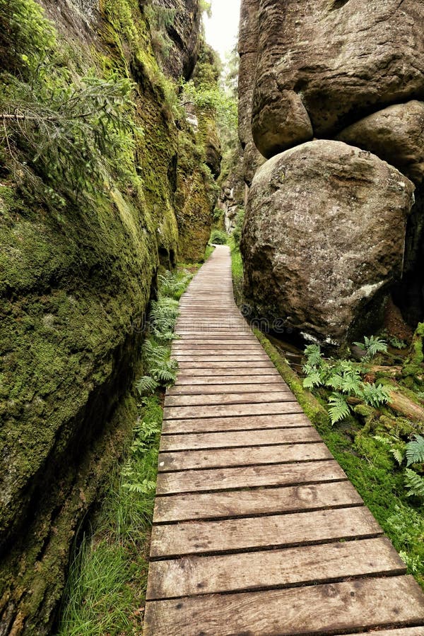 Wooden Path Walk between Steep Rocks Stock Photo - Image of adrspach ...