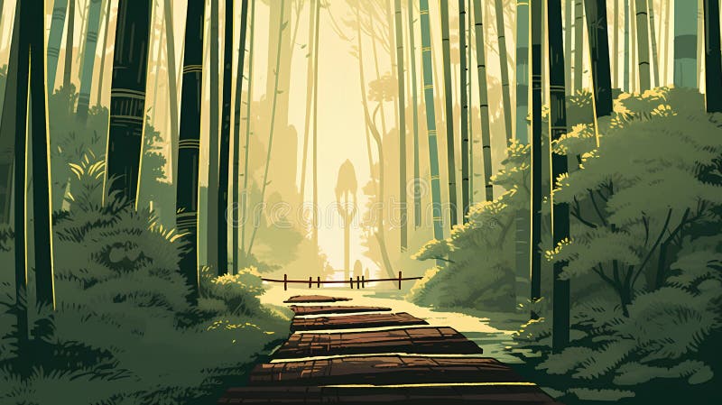 Wooden Pathway in the Bamboo Forest. Vector Illustration. Cartoon Style ...