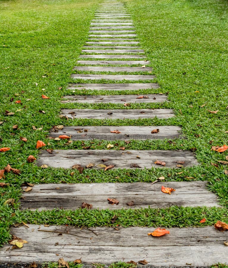 Wooden Pathway in garden stock image. Image of road, lawn - 82925987