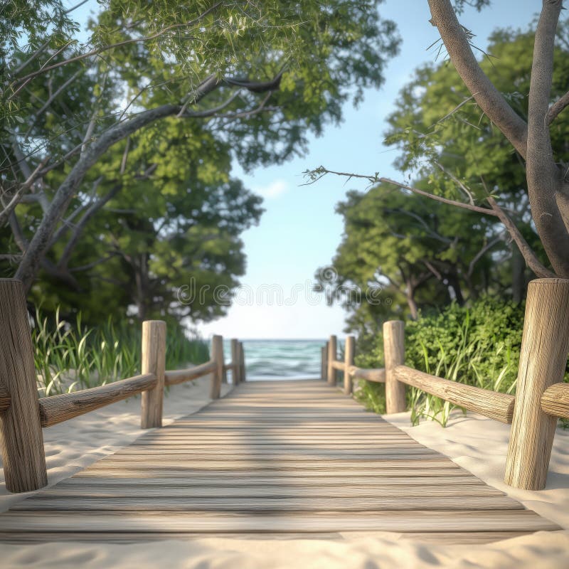 Wooden Pathway Leading To Serene Beach Surrounded by Lush Greenery ...