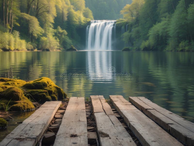 Wooden Pathway Leading To Waterfall Over Tranquil and Still Lake Waters ...