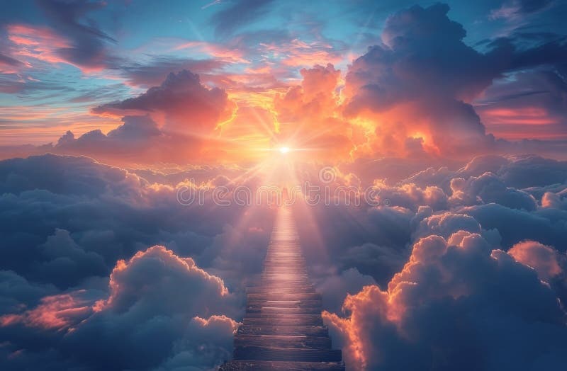 Wooden Pathway Leading Towards Sunset through Clouds Stock Image ...