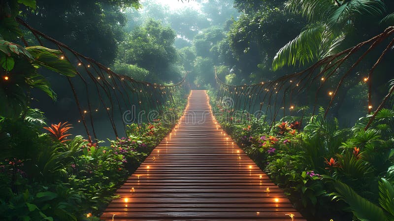 Wooden Pathway through Lush Jungle with String Lights Stock ...