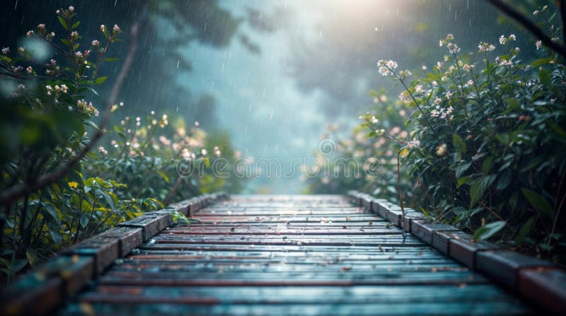 Wooden Pathway through Rain-Filled Garden on a Misty Day Stock ...