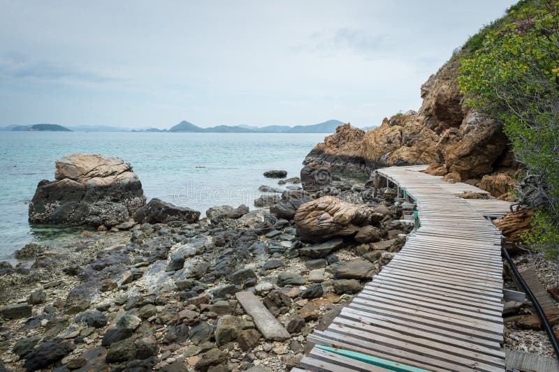 Wooden Pathway with Rock Valley or Cliff on the Island Stock Photo ...