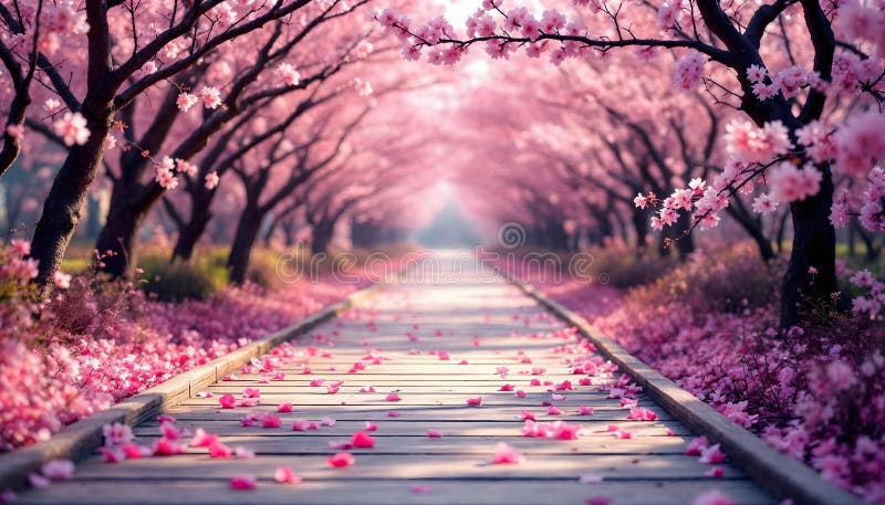 A Wooden Pathway with Sakura Blossom Stock Illustration - Illustration ...