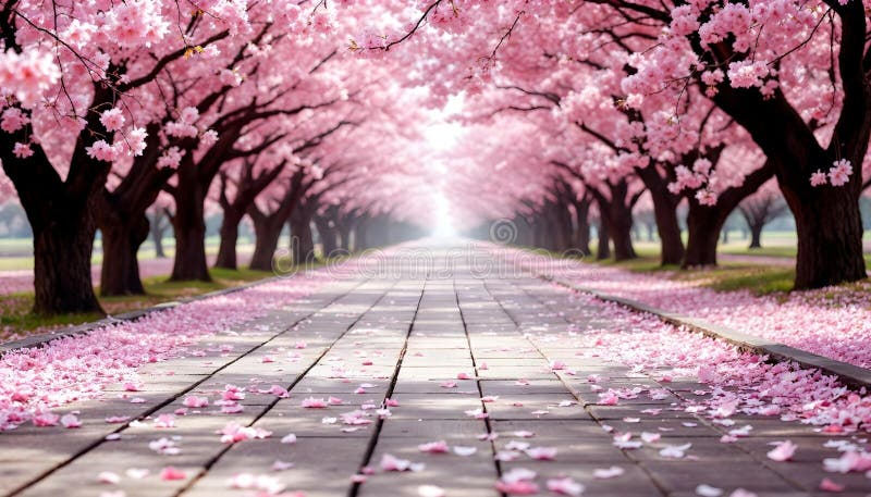 A Wooden Pathway with Sakura Blossom Stock Illustration - Illustration ...