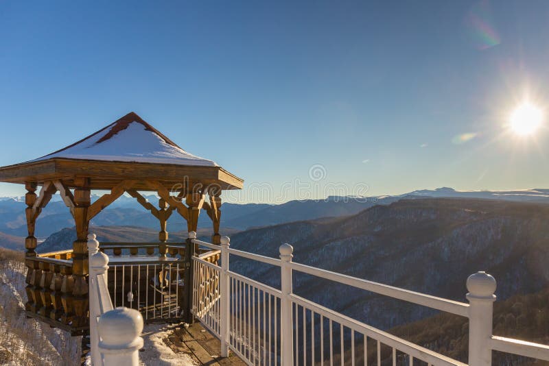 Wooden Pavilion with Scenery Mountains View, Caucasus. Stock Photo ...
