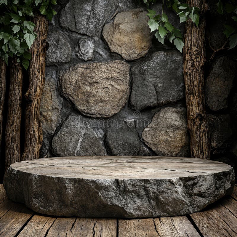 Wooden Pedestal in Front of Stone Wall. 3d Rendering Stock Illustration ...