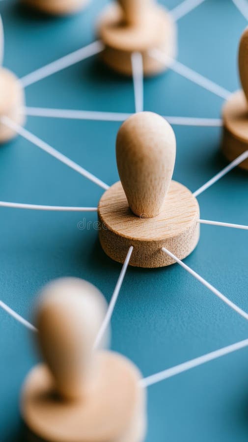 Wooden Pegs Connected by Strings on a Blue Surface Symbolize Networking ...