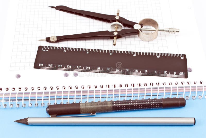 Wooden Pencil, Pen, Drawing Compass and Ruler on Spiral Notebook Stock ...