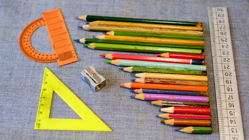 Wooden Pencil Sharpener and a Ruler and a Protractor Stock Image ...