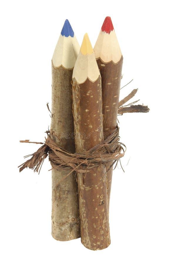 Three Color Pencils Made of a Natural Tree and Pine Cone Stock Image ...