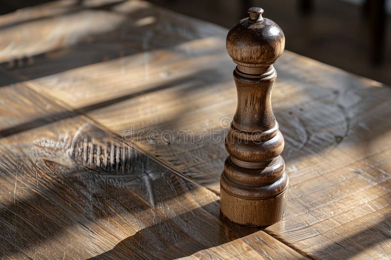 A Wooden Pepper Mill Standing on a Rustic Wooden Table in Natural ...