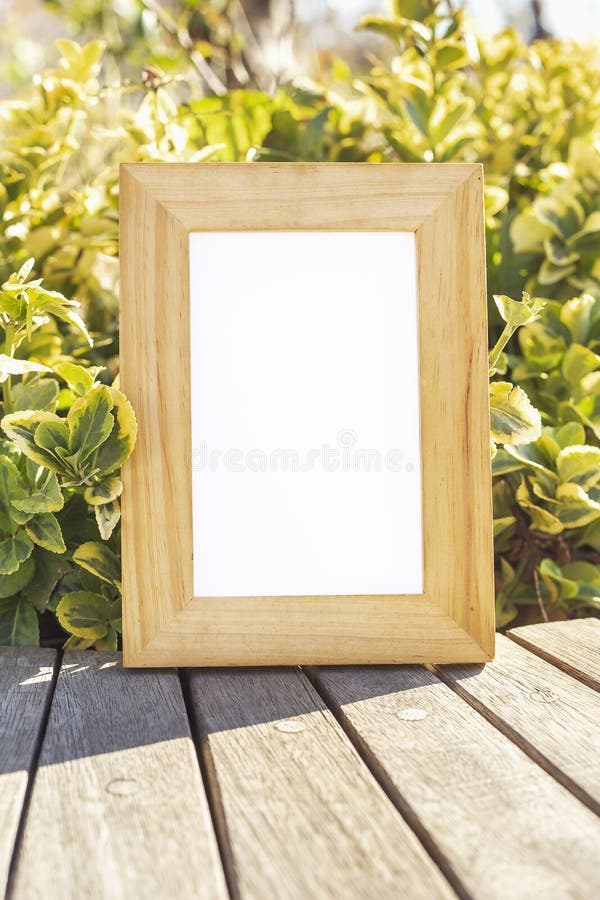 Wooden Photo Frame in Front of Bush Background Stock Photo - Image of ...