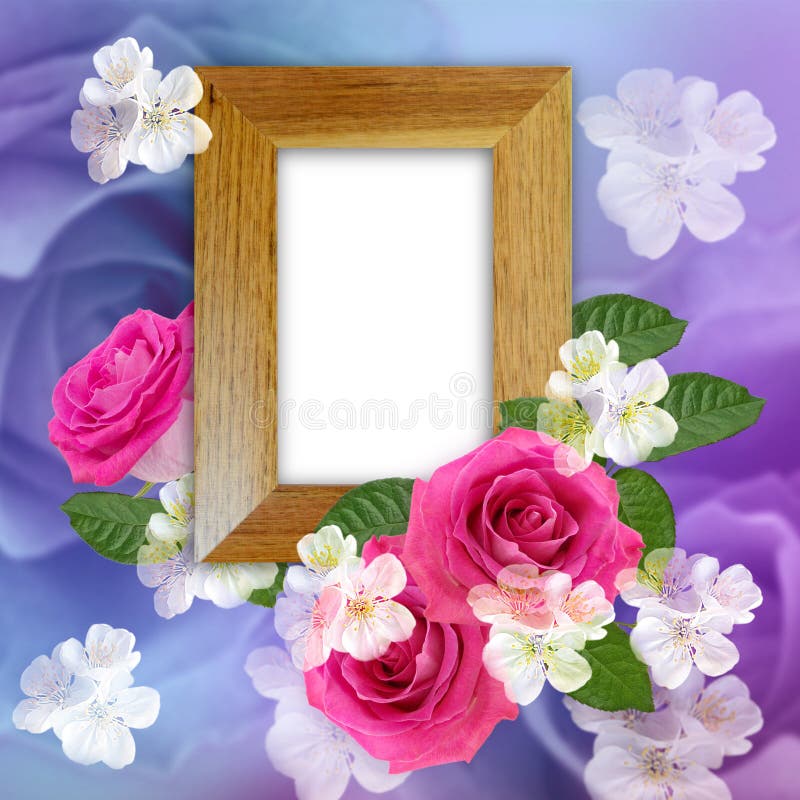 Wooden Photo Frame with Roses Stock Illustration - Illustration of ...