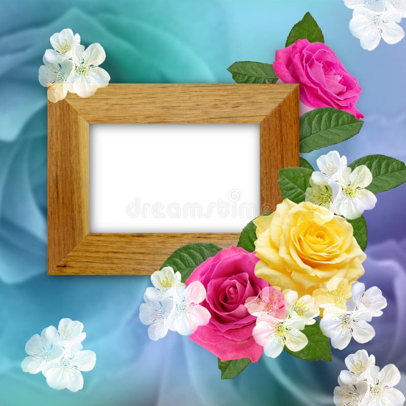 Wooden Photo Frame with Roses Stock Illustration - Illustration of ...