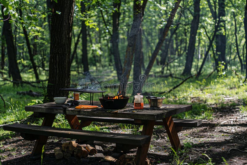 Wooden Picnic Table with Benches and Barbecue Grill in the Forest Stock ...